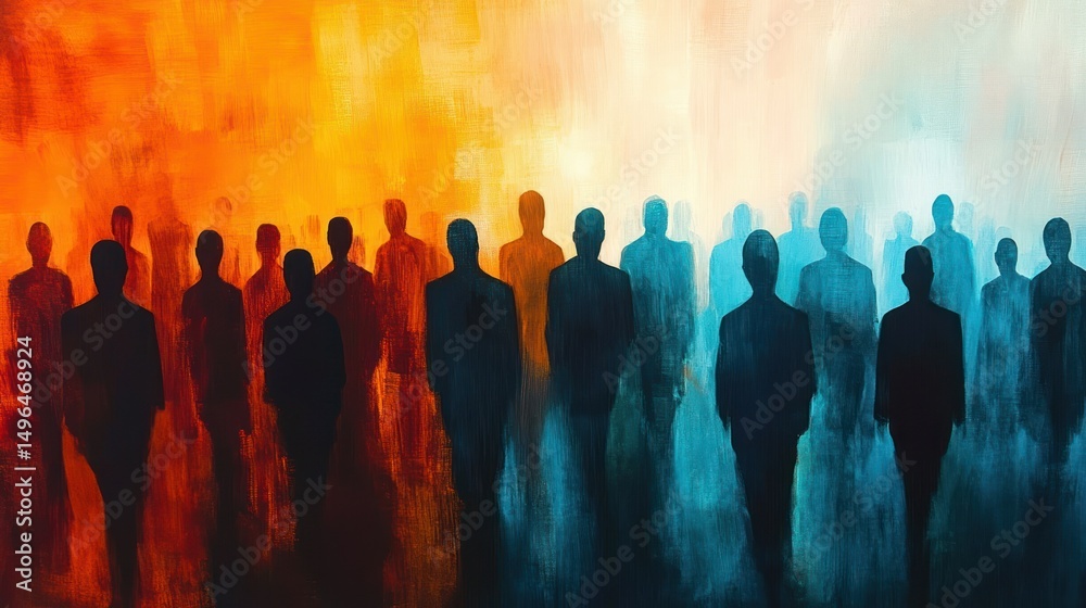 silhouettes of standing human figures fading into abstract orange and ...