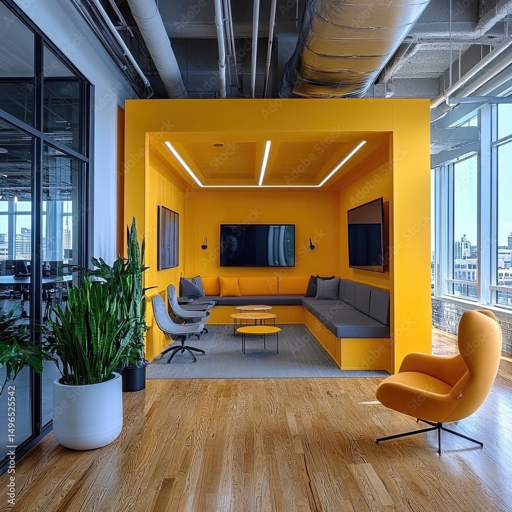 Ilustración de Stock Corporate office spaces with open layouts, branded ...