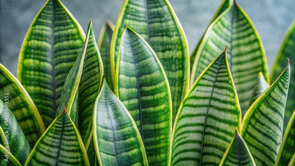 Close-up of Sansevieria trifasciata 'Laurentii' houseplant leaves with ...