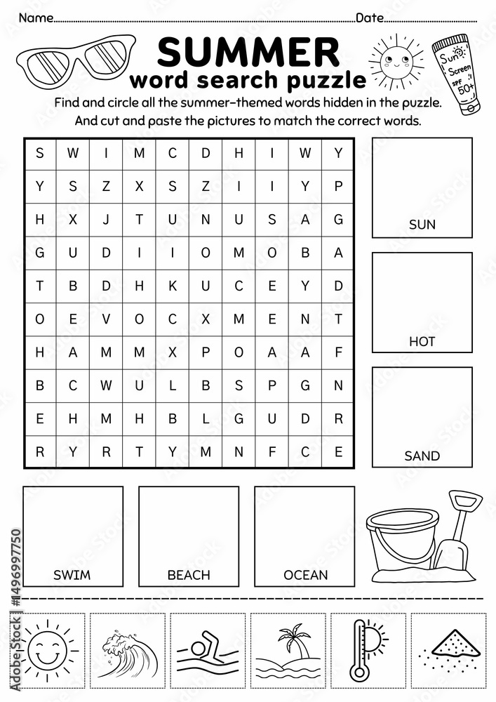 Summer Word Search Puzzle for Kids, Cut and Paste Activity, Printable ...