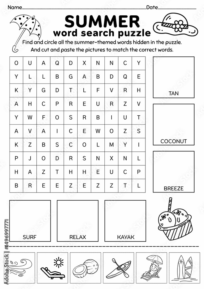 Stock-Illustration „Summer Word Search Puzzle for Kids, Cut and Paste ...