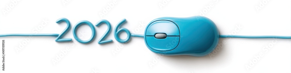 Blue computer mouse next to the year 2026 in a minimalist digital ...