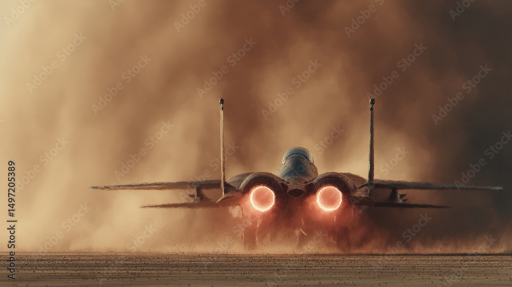 High-speed takeoff of military fighter jets captured in dynamic render ...
