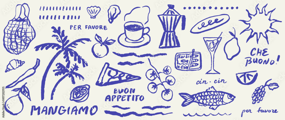 Italian style vacation hand drawn vector illustrations in grunge chalk ...