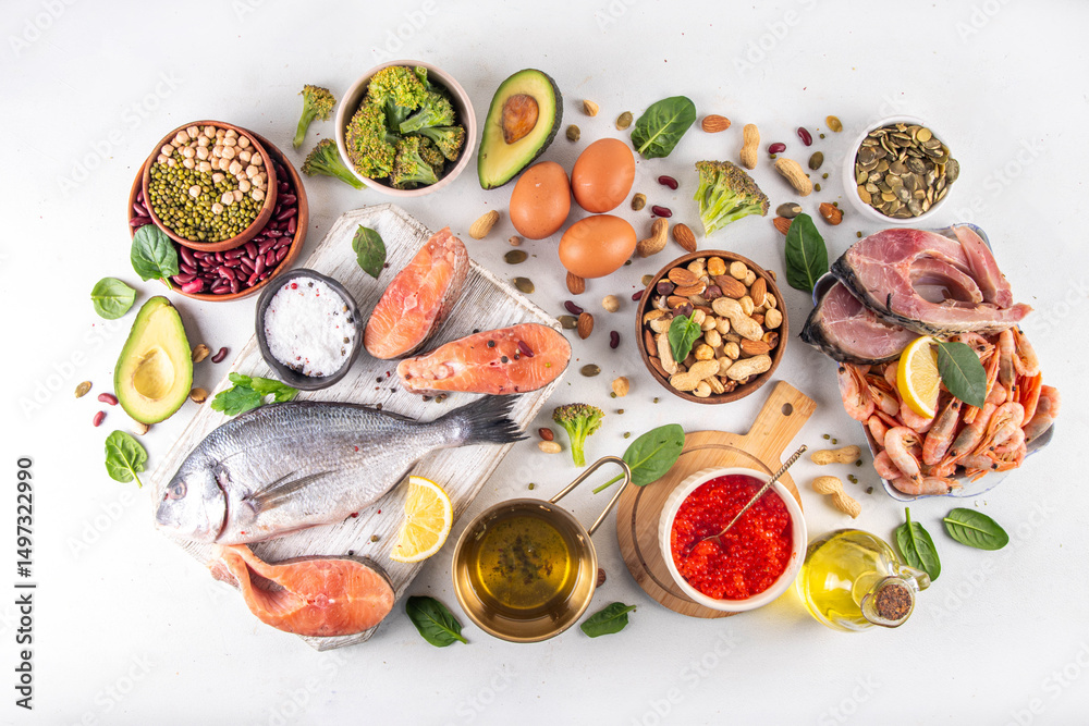 Variety food rich in Omega-3, ALA, EPA, DHA healthy fatty acids sources ...