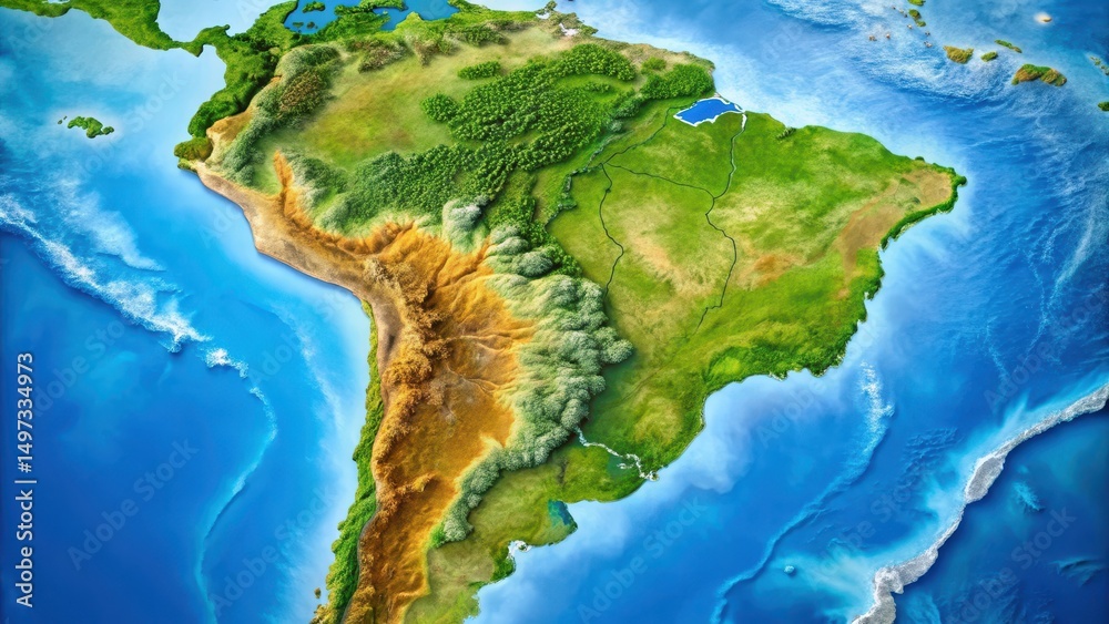 Map of South America continent with Amazon rainforest details and Andes ...