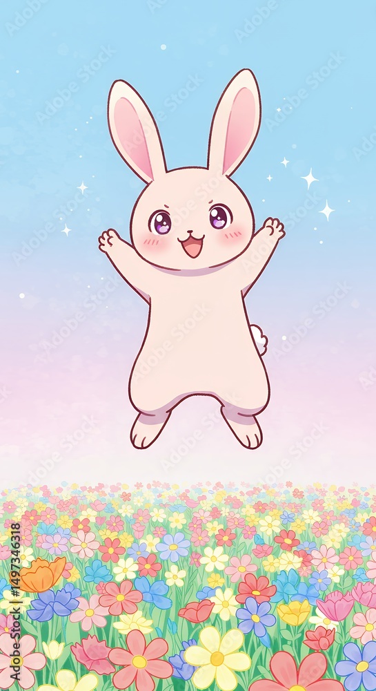 Cute bunny jumping in a colorful flower field in anime style. Soft ...