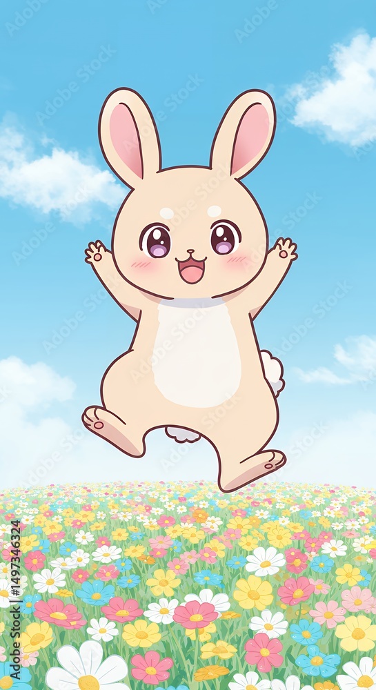 Cute bunny jumping in a colorful flower field in anime style. Soft ...