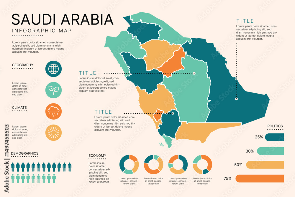 Saudi Arabia Infographic Map with separated administrative districts ...