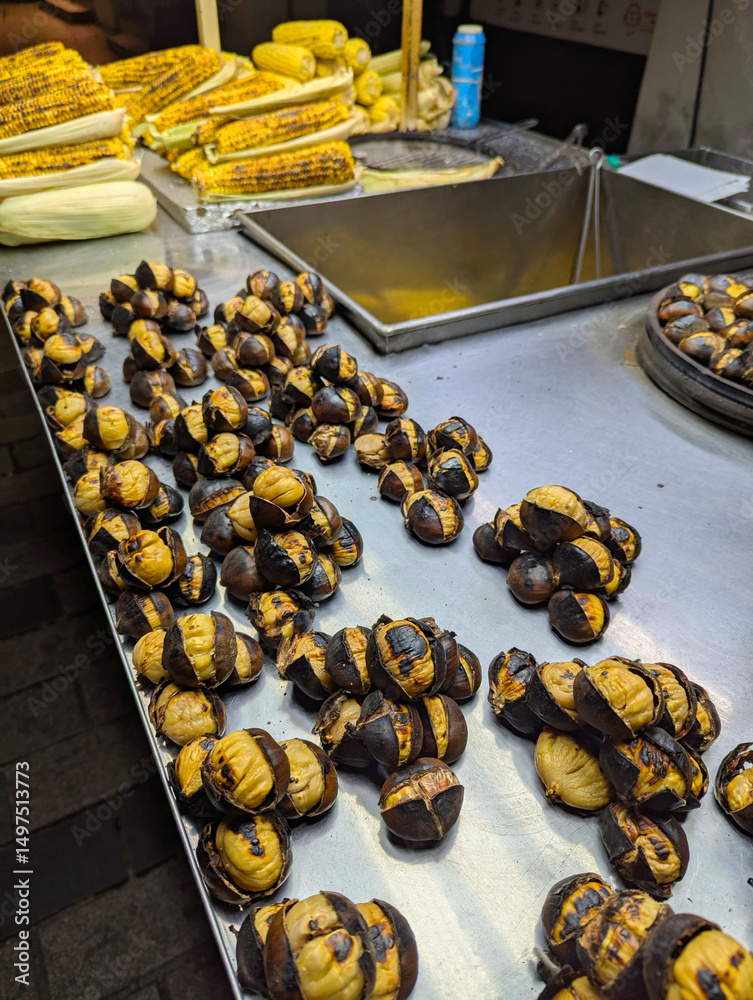 Roasted chestnuts and corn on the street of the city in Istanbul ...