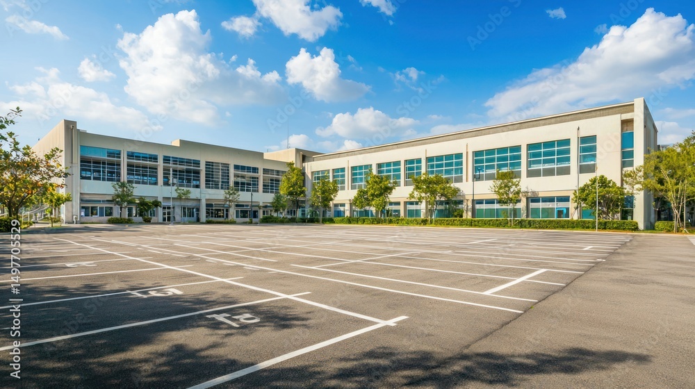 High school building with large parking lot and signage Stock Photo ...
