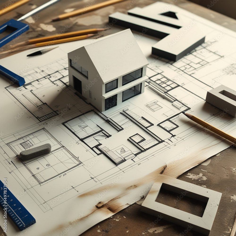 Architectural Floor Plan with Detailed 3D House Model and Drafting ...
