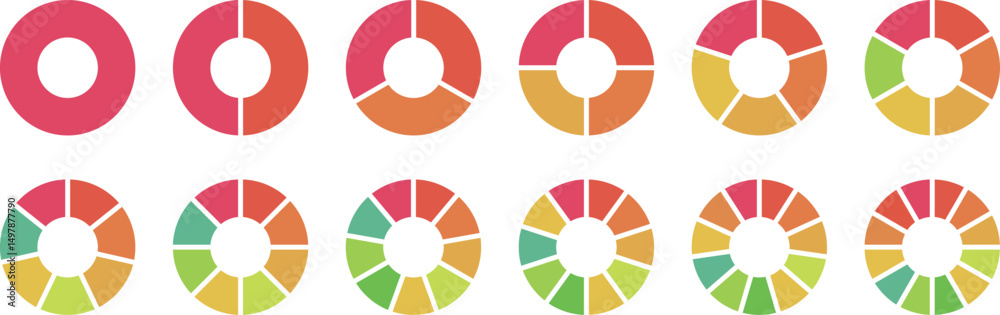 Pie charts diagram set. Circle pie charts 1,2,3,4,5,6,7,8,9,10,11,12 ...