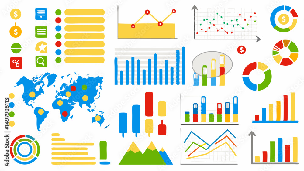 Illustration of various business graphs, pie charts, world maps, and ...