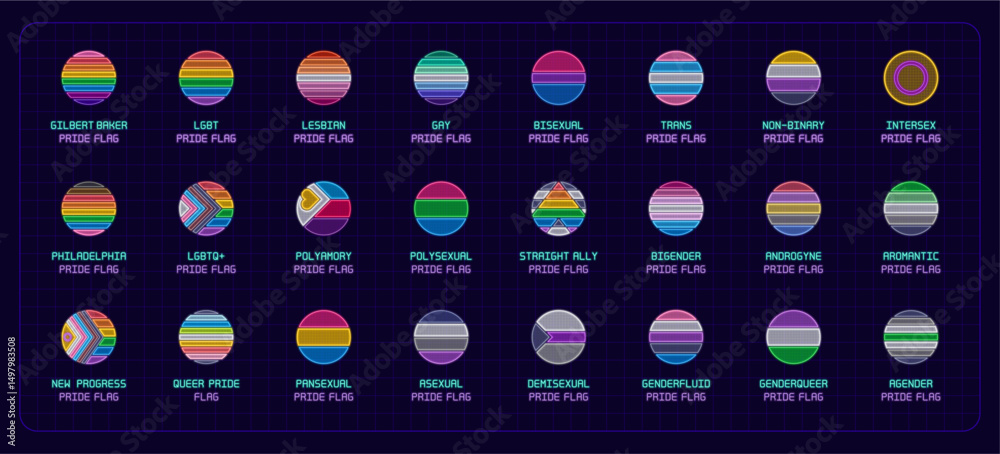 Pride flags complete set, coloful neon circle shapes. Queer pride month ...