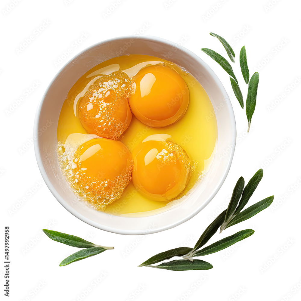 Three bright yellow egg yolks sit in a small white bowl, surrounded by ...
