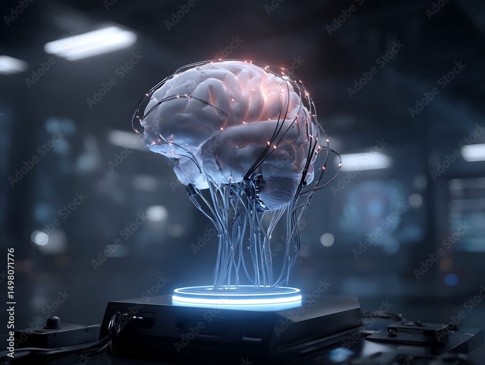 Realistic image of futuristic brain-computer interface setup with ...