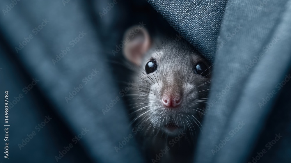 rat with shiny fur and bright eyes peeks out playfully from the inner ...