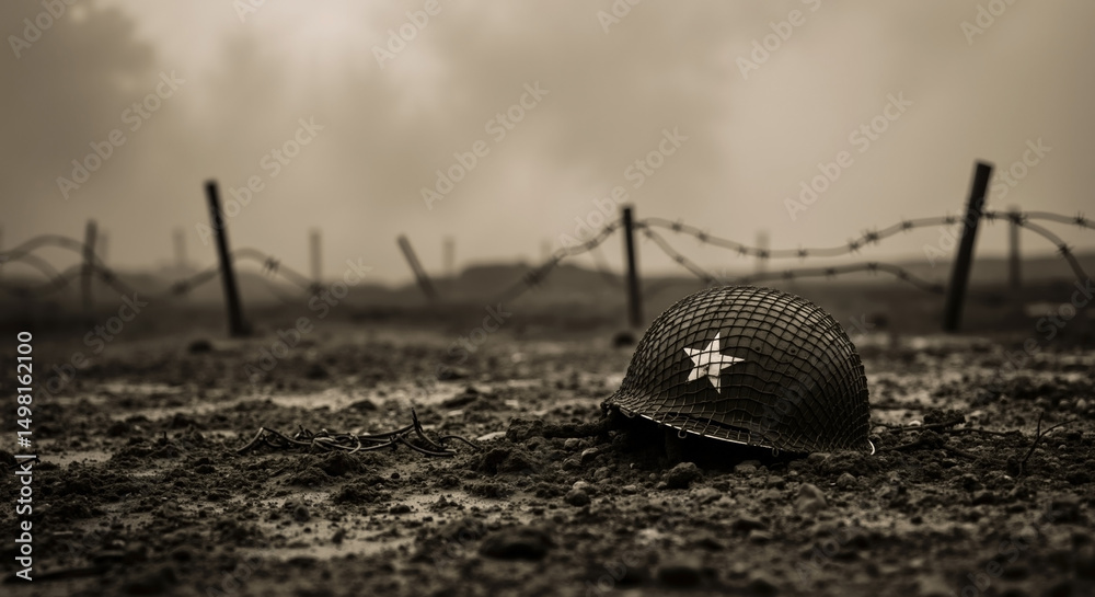 Military helmet with star emblem lying on muddy battlefield with barbed ...