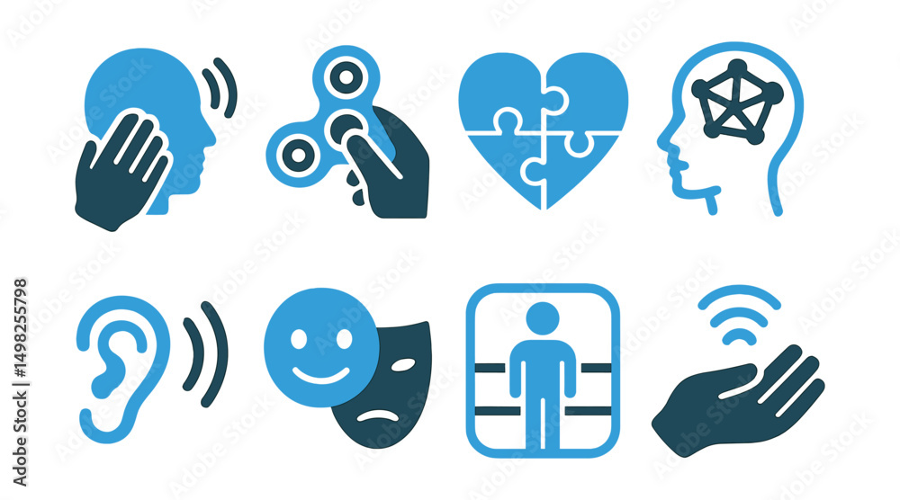 Two-Color vector icons of neurodivergent support: sensory comfort ...