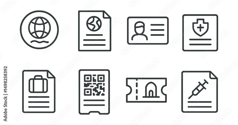 Vektor Line style icons of travel documents: passport stamp, visa paper ...