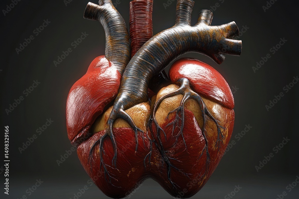 Detailed anatomical representation of a human heart showing veins ...