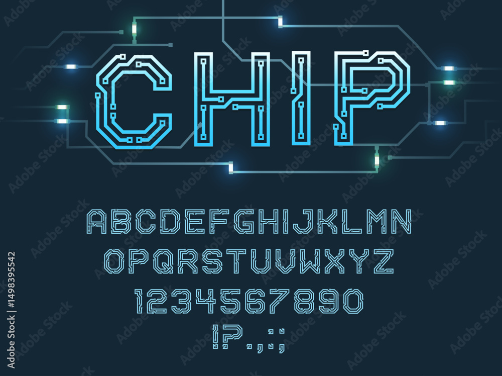 Chip type font, vector alphabet letters, digits and punctuation marks ...
