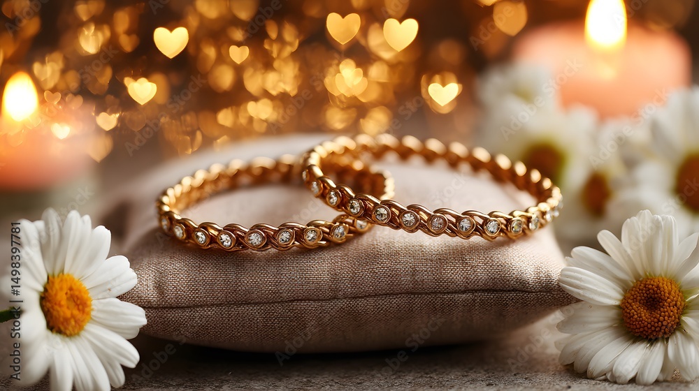 Golden friendship bracelets intertwined on velvet with daisies ...