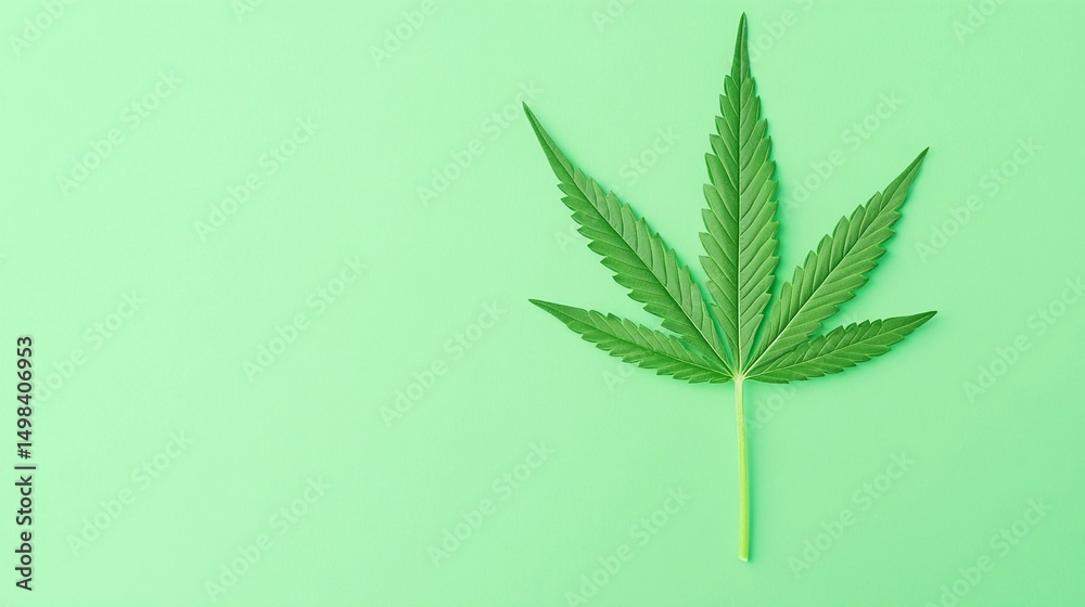 A minimalist indica cannabis leaf against a solid light green ...
