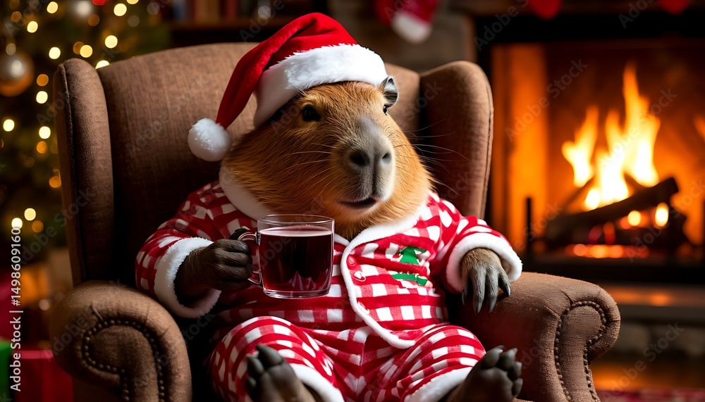 funny capybara in christmas pajamas and santa hat relaxing by fireplace ...