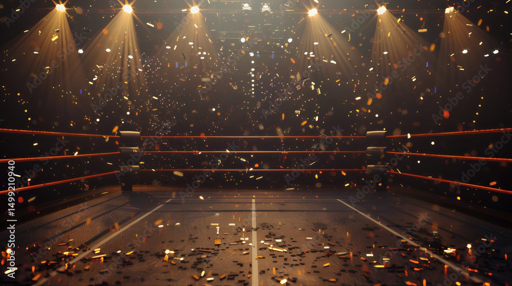 Boxing ring, wrestling ring ropes arena stage with confetti celebration ...
