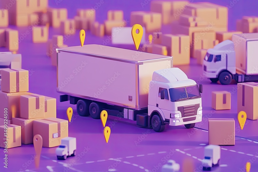 Stylized 3D render of a delivery truck surrounded by packages and ...