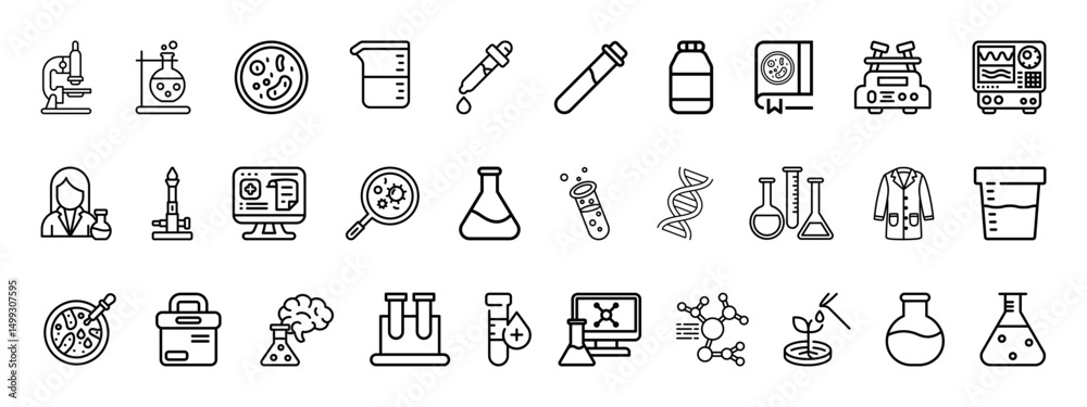 Laboratory related outline icon set. Lab, flask, microscope, syringe ...