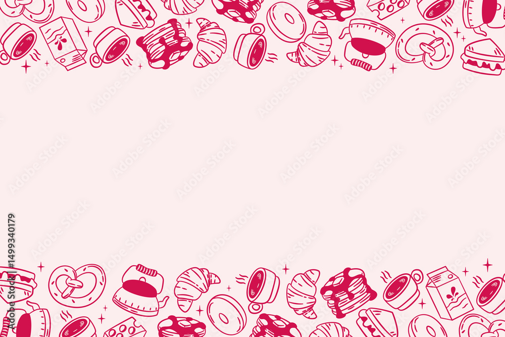 Pink line art border of breakfast items including croissants, donuts ...