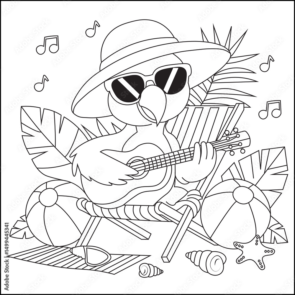 Cute Tropical Parrot Playing Guitar on Beach Summer Vacation Coloring ...