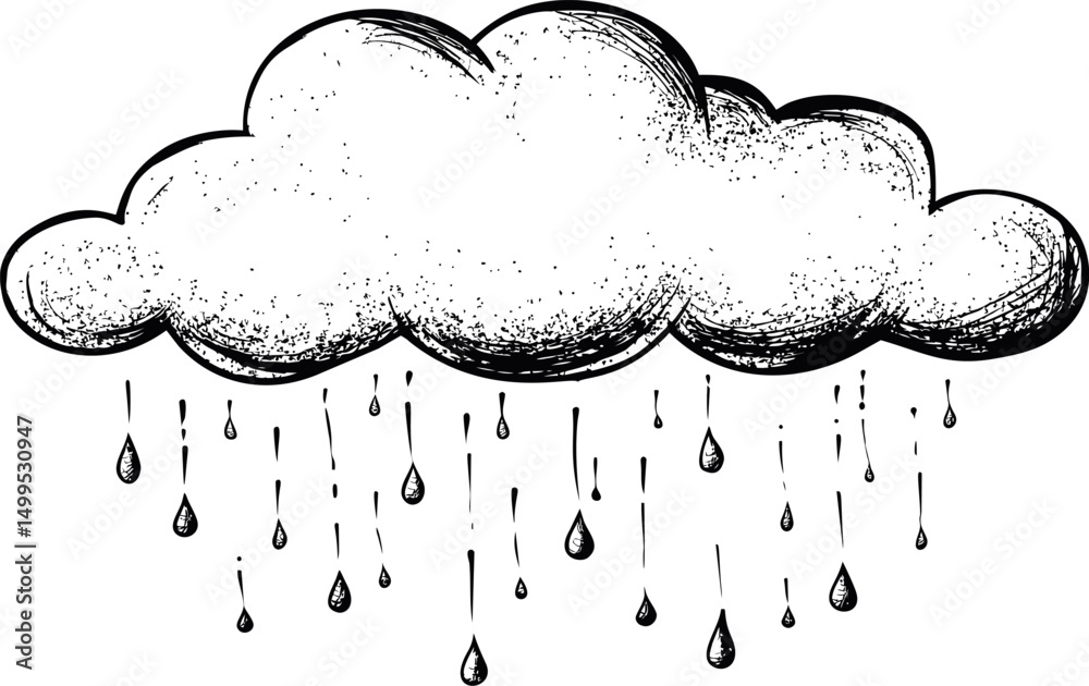 Sketch of a rain cloud with drops falling from it, black and white ...