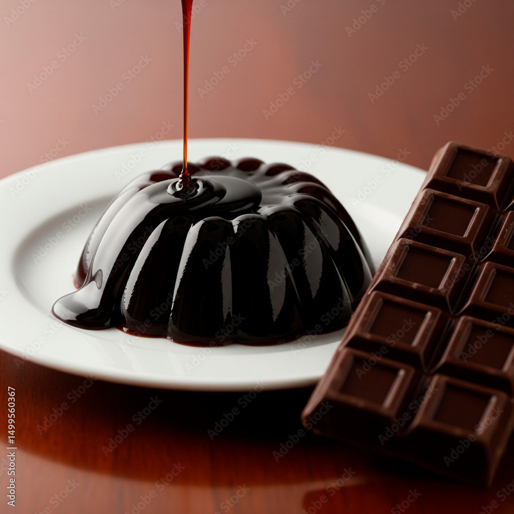 Plate with chocolate gelatin, with viscous and shiny chocolate syrup ...