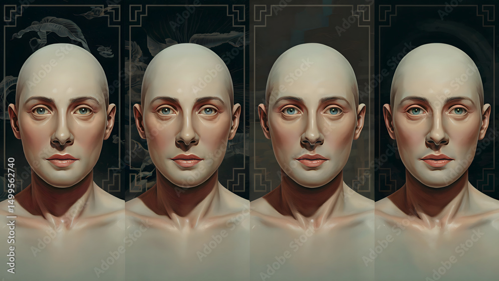 Four identical bald female heads in a row, demonstrating realistic skin ...