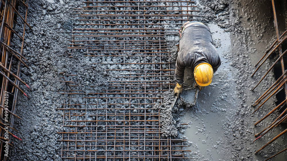 Construction workers pouring cement and securing steel mesh in a high ...