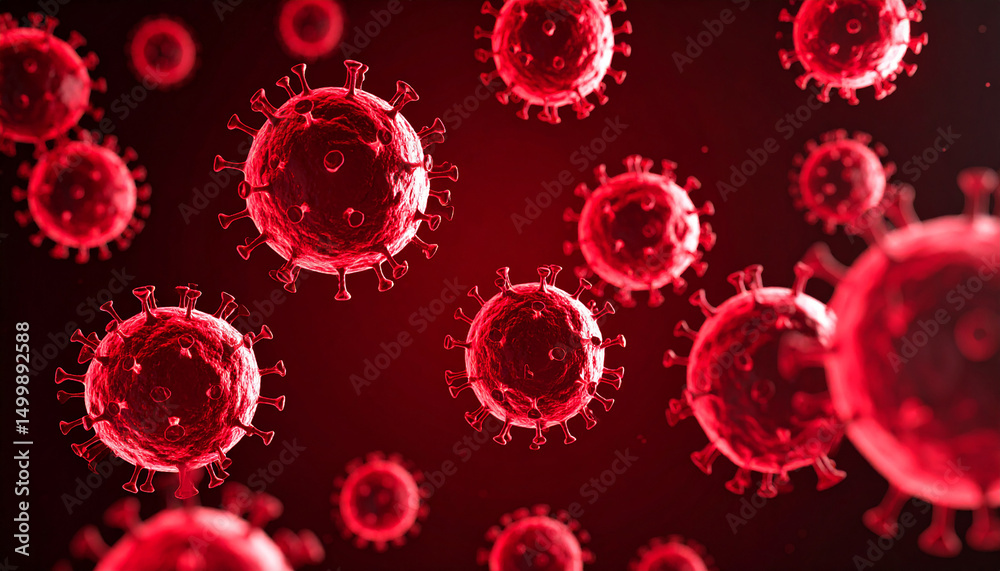 Red viral cells in motion under microscope. Scientific research ...