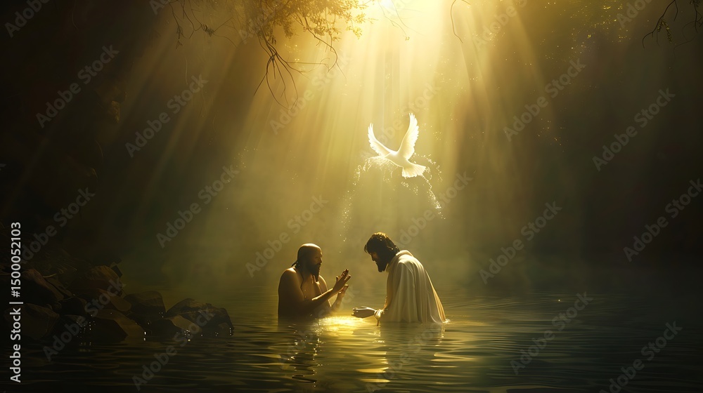 Jesus being baptized by John in the Jordan River, dove descending from ...
