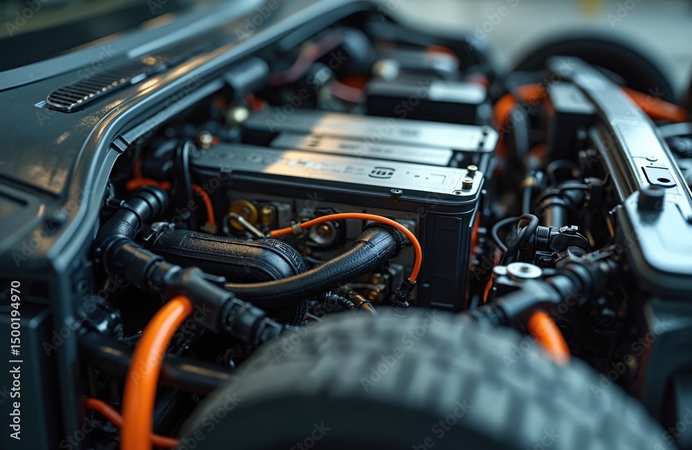 Inside electric car solid-state lithium batteries. Modern tech module ...