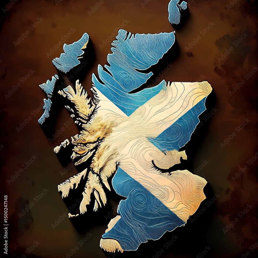 map of Scotland with the Scottish flag superimposed on it. The textured ...