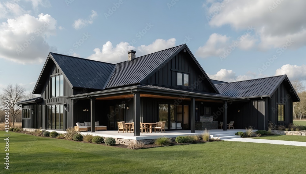 Contemporary barndominium home with spacious outdoor entertainment area ...