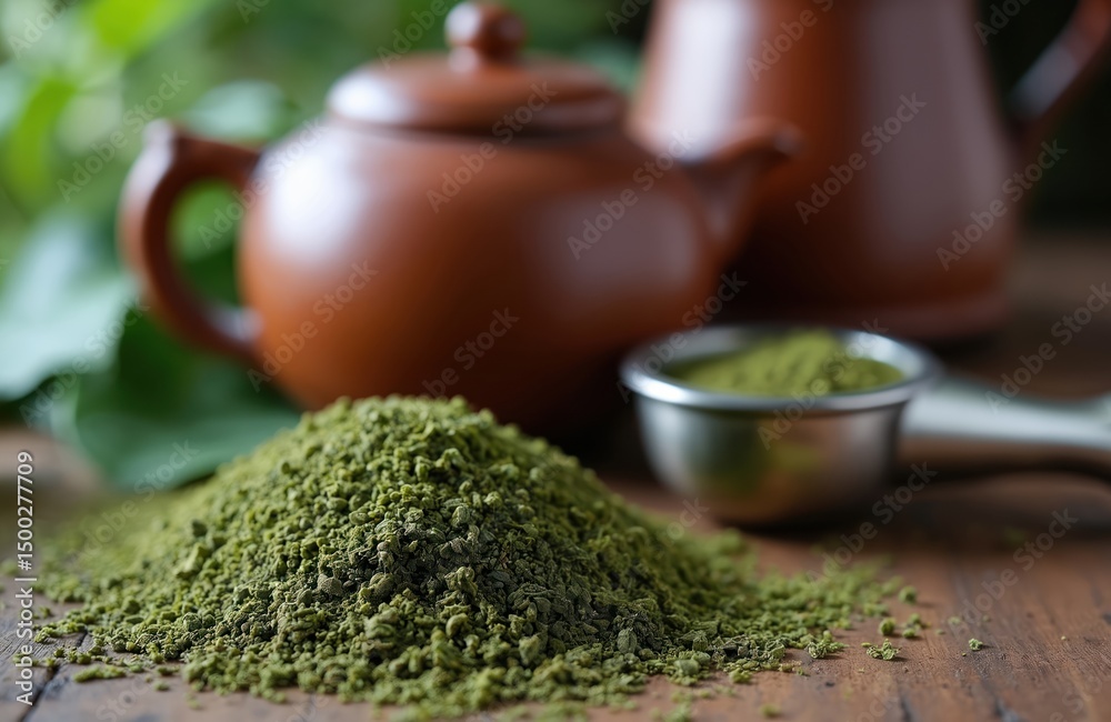 Foto de Stock Close-up mate herb with utensils, cups, teapot on wooden ...