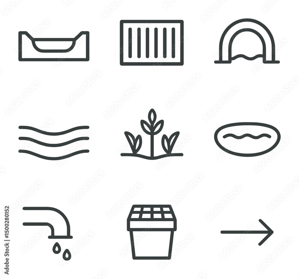 Drainage Icon Set. Outline icon set of drainage and stormwater channels ...