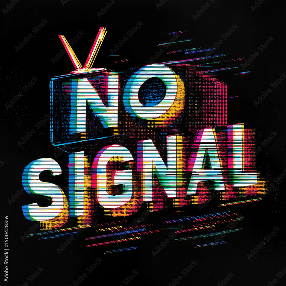 Vector illustration of the phrase "No Signal" with broken VHS screen ...