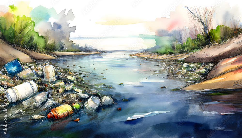 A somber watercolor painting depicts a polluted river choked with ...