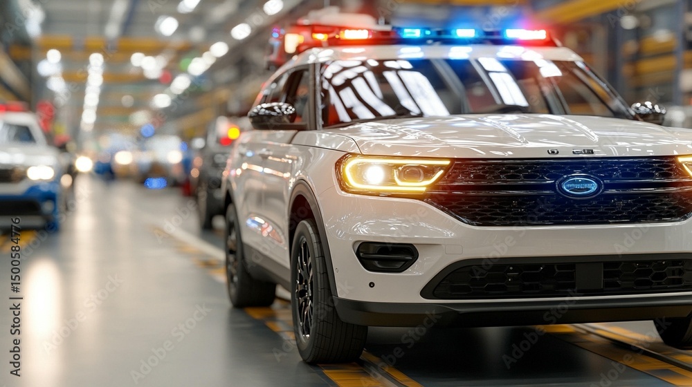 White police SUV in a factory setting with flashing lights. Several ...