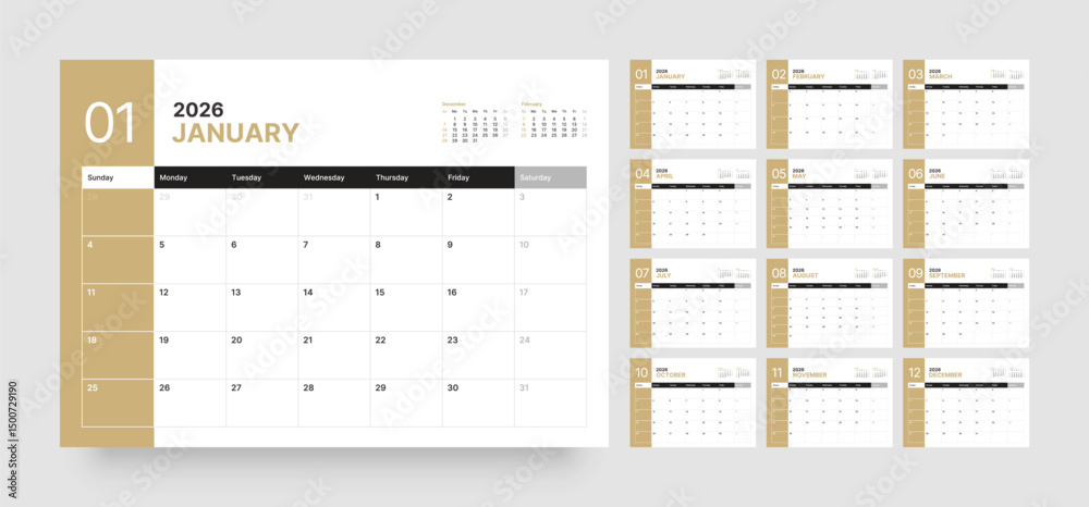 Monthly calendar layout for 2026 year. Diary planner for 2026 year ...